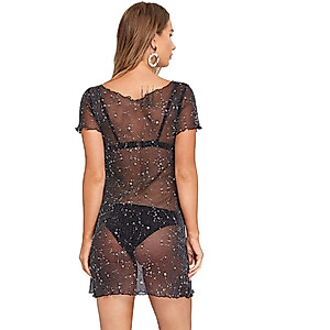 Floerns Women's Sheer Mesh See Through Glitter Swimsuit Cover Up Black L