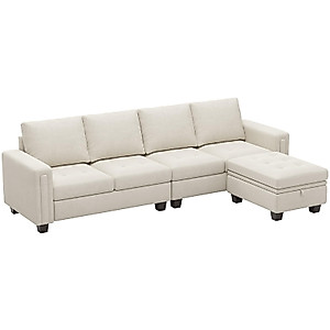 Belffin Velvet Reversible Sectional Sofa with Chasie Convertible L Shaped 4-seat Sectional Couch with Storage Ottoman Beige