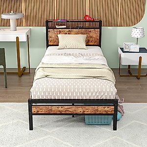 HOJINLINERO Twin Bed Frame with Storage Headboard/USB Charging Station,Single Platform Bed Frame Twin Size No Box Spring Needed,Strong Steel Slats Support,Bedroom Furniture,Rustic Brown