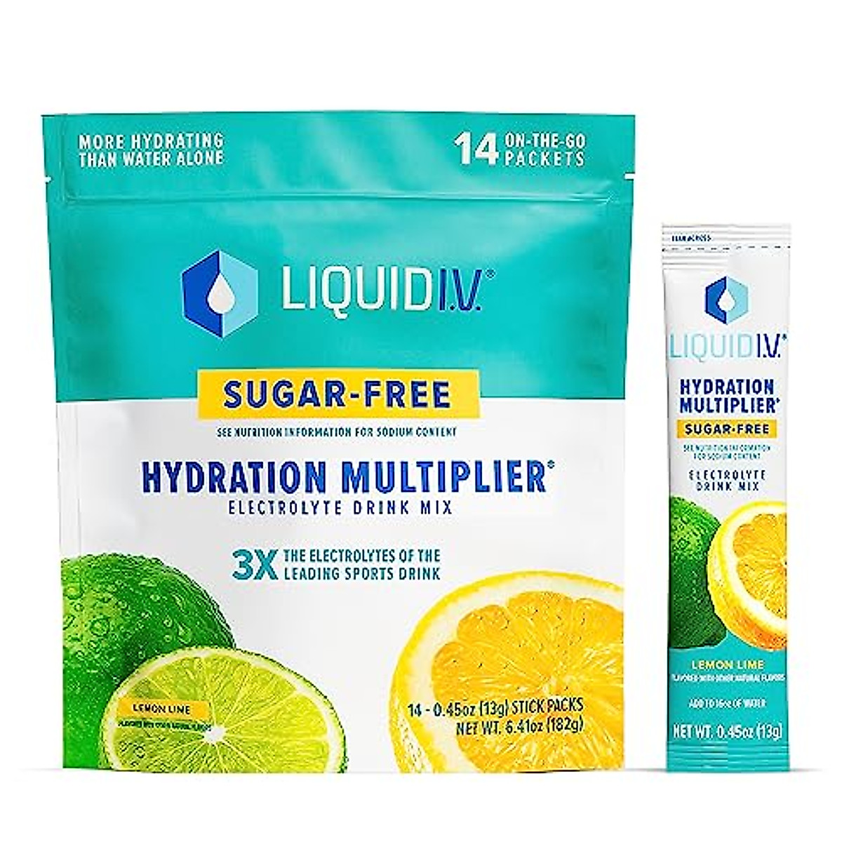 Liquid I.V.® Hydration Multiplier® Sugar-Free - Lemon Lime - Hydration Powder Packets | Electrolyte Powder Drink Mix | Convenient Single-Serving Sticks | Non-GMO | 1 Pack (14 Servings)