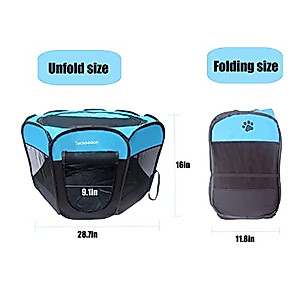 Tecageaon Portable Foldable Pet Playpen Exercise Pen Kennel Tent Carrying Case Indoor Outdoor Water-Resistant Removable Shade Cover for Puppies Kittens Cats Small Dogs (Blue)