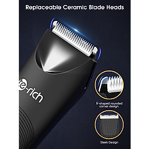 Te-Rich Body Groin Hair Trimmer for Men, Replaceable Ceramic Blade Heads, Waterproof Wet & Dry Clippers, LED Light and Standing Dock, Ultimate Male Hygiene Razor and Electric Body Shavers for Balls