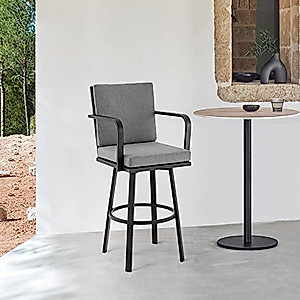 Don 30" Outdoor Patio Bar Stool in Black Aluminum with Grey Cushions