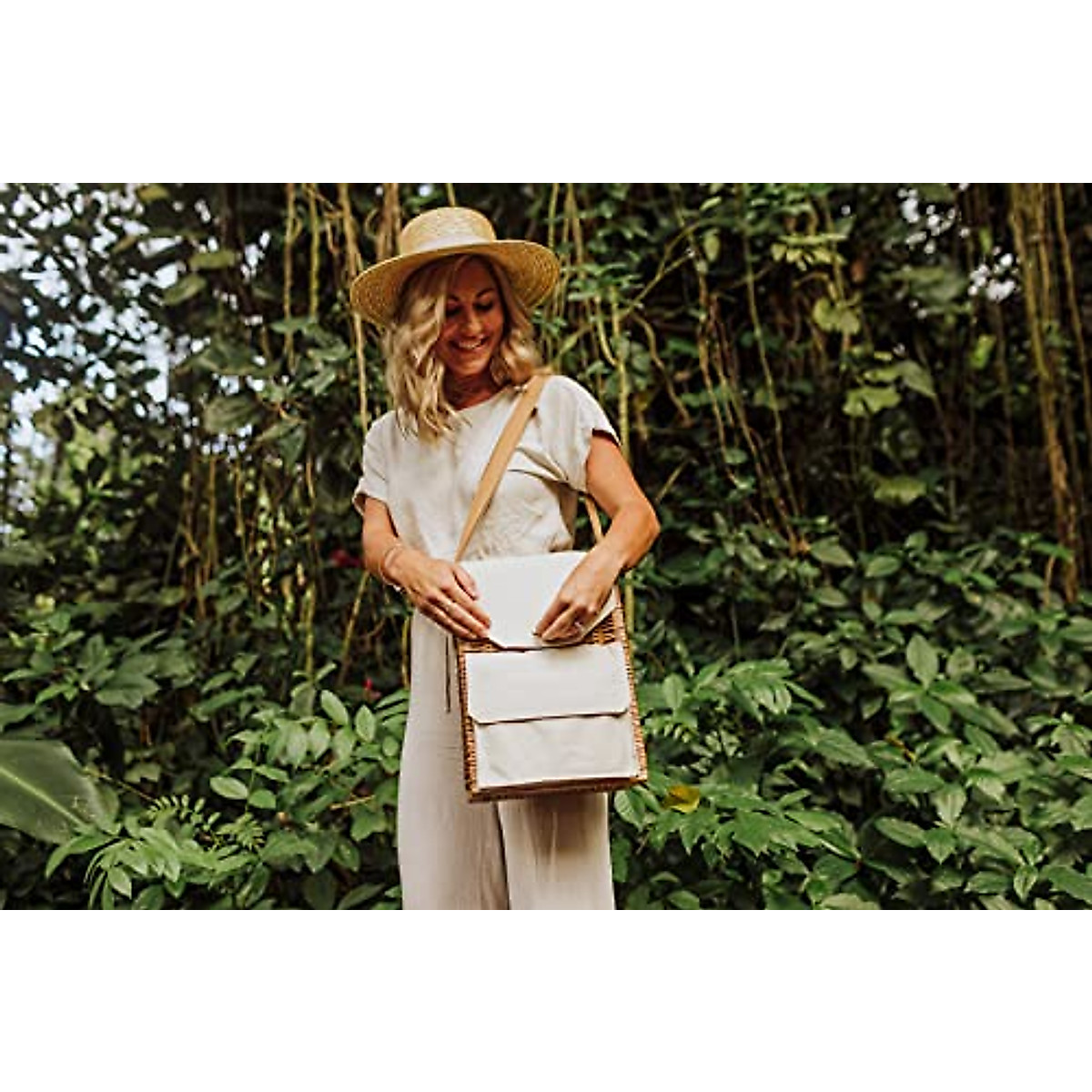 PICNIC TIME Corsica Cheese Picnic Basket Tote Bag, Gift for Wine Lover, Beige Canvas, 12 x 7 x 17