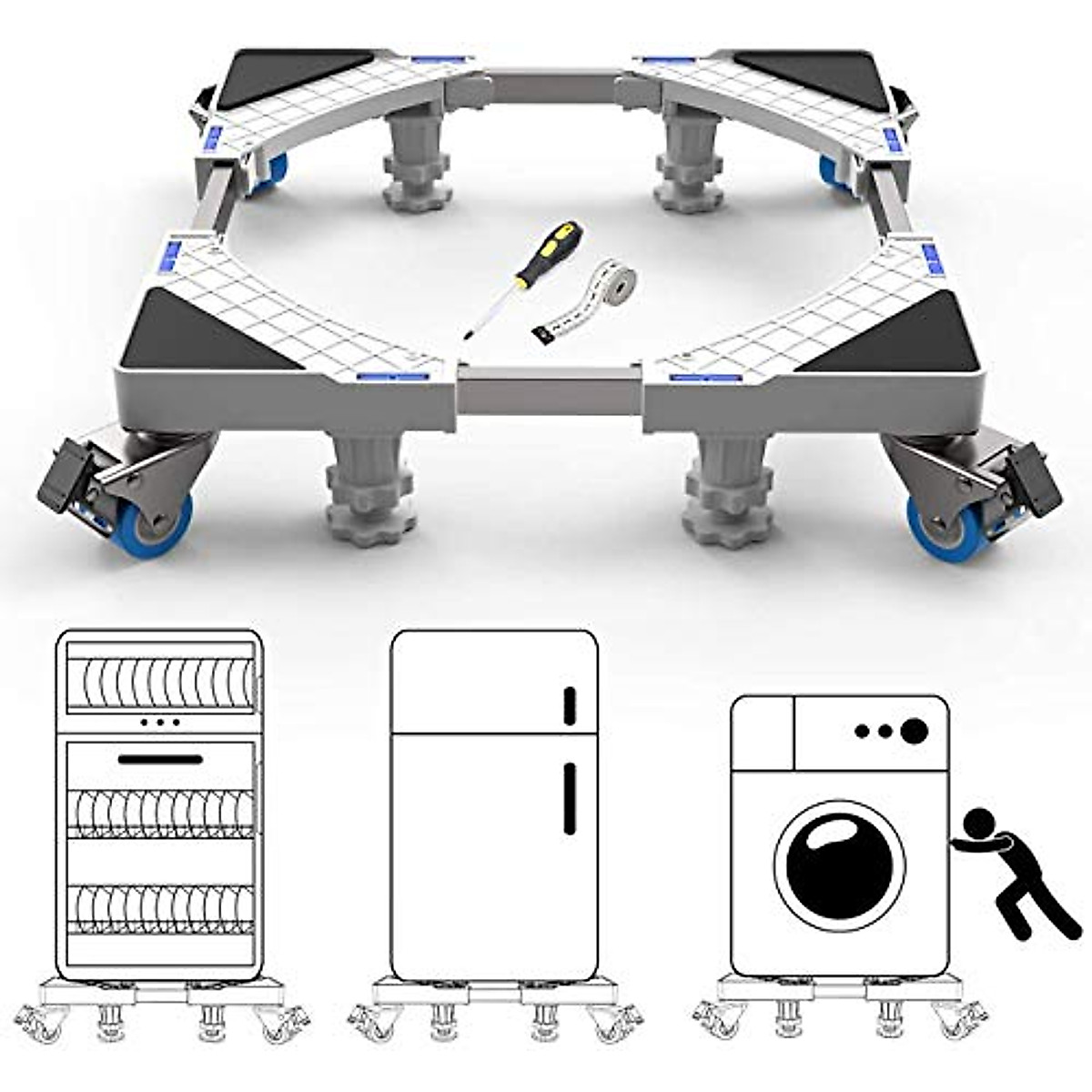 Washing machine stand with 4 Feet and 4x2 wheels, mini fridge stand, Adjustable appliance rollers stand for Washing Machine mover and refrigerator wheels