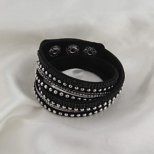 KUIYAI Wrap Leather Bracelet with Bling Bling Crystal Rhinestones and Snap buttons (Black)