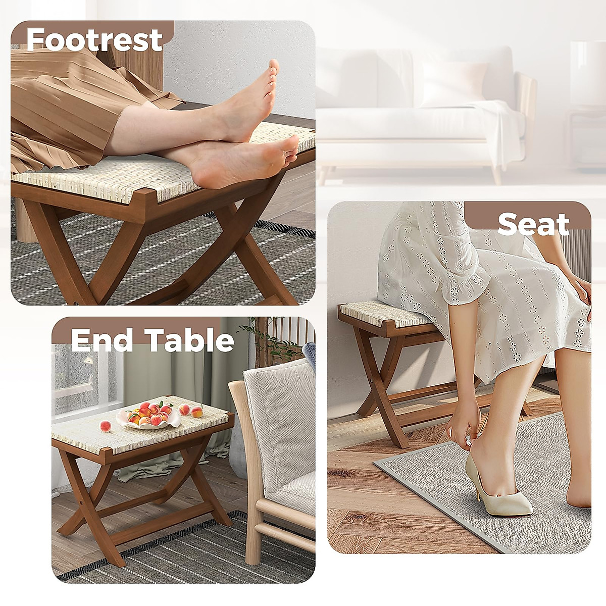 Tangkula Folding Natural Rattan Ottoman, Saddle Footrest Stool with Hand-Woven Seat & X-Shaped Teak Wood Frame, 16.5”H Vanity Accent Stool for Living Room Bedroom Entryway (1)