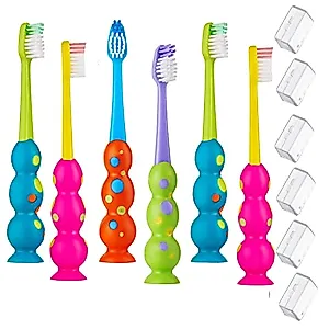 Trueocity Kids Toothbrush 6 Pack - Soft Contoured Bristles - Child Sized Brush Heads (3-10 Year Old) - Suction Cup for Fun & Easy Storage - Girl & Boy Set (6-Pack, Multi-Color)
