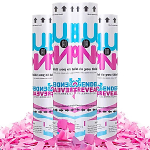 Tamsan Gender Reveal Cannons - Girl Surprise! Set of 4 Biodegradable Confetti, 12 Inches Pink Confetti Cannon, Easy to Use Indoor & Outdoor Gender Reveal Cannon with Matching Stickers