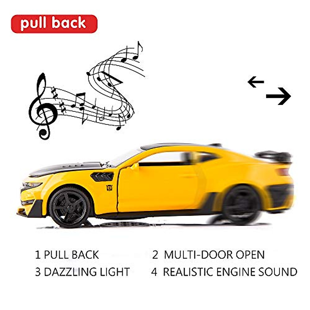BDTCTK Camaro Bumblebee Car Model Toy 1/32 Zinc Alloy Casting Pull Back Car Sound and Light Toys for Kids Boy Girl Gift (Yellow)
