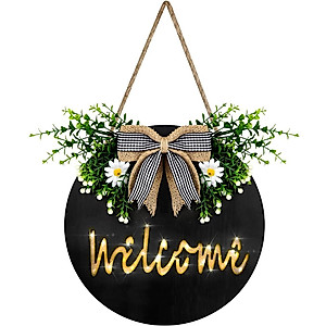 Welcome Door Sign for Fronts Door with Timer Lights Round Wood Hanging Signs Fronts Door Decor for Farmhouse Porch Decorations Welcome Door Sign Hanging for Home Wall Outdoor Indoor (Black)