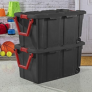 Astede 40 Gallon/151 Liter Wheeled Industrial Tote Black Lid And Base W/ Racer Red Handle And Latches 2-pack