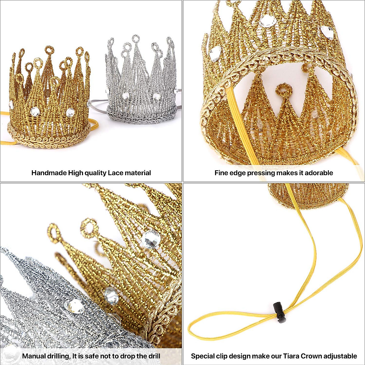 Qishare Baby Photo Prop Crown Elastic Headbands, 2Pcs Princess Tiara Crown Birthday Hat for Baby Boy Girl, Party Hat for Women (Gold+Silver)