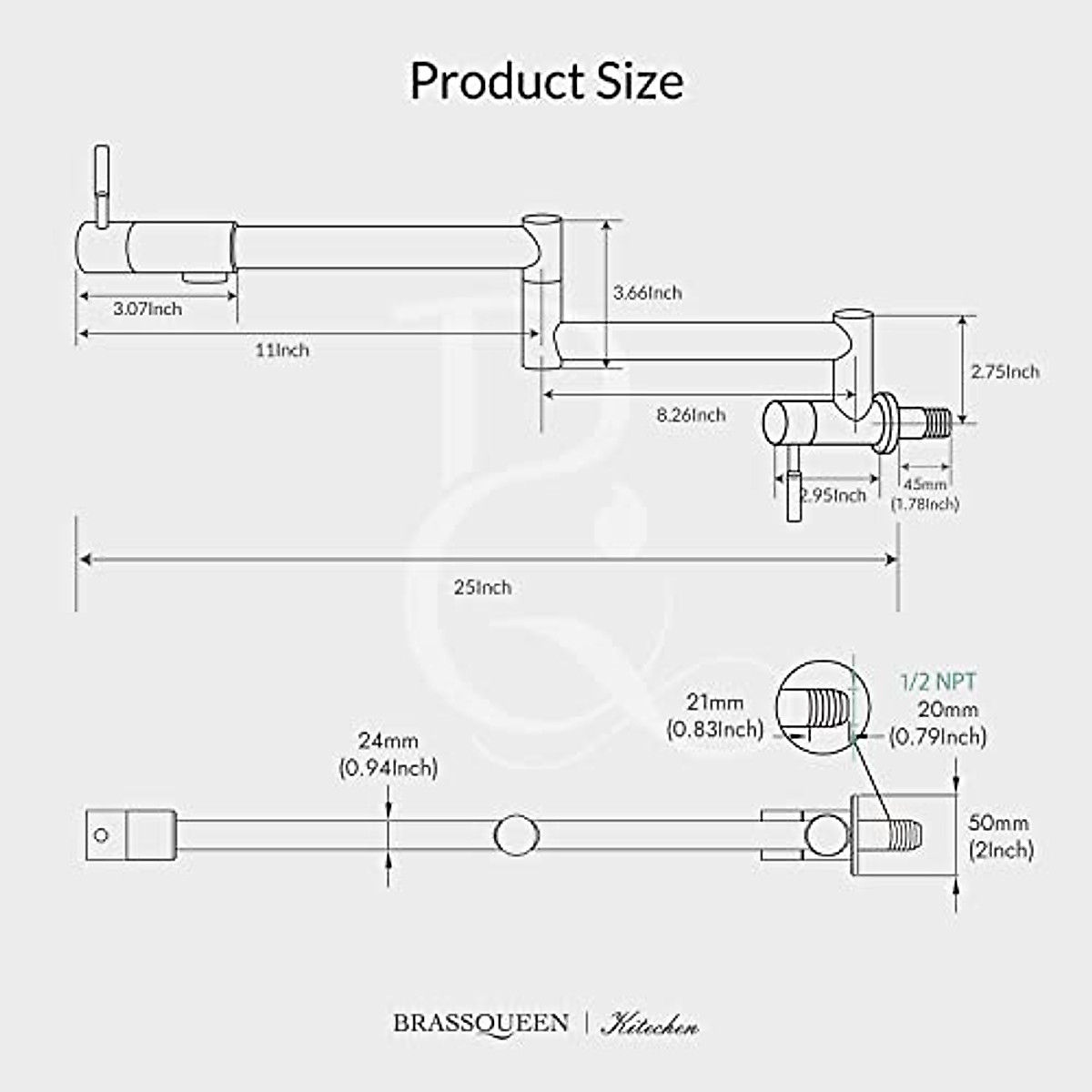 Brassqueen Wall Mounted Pot Filler Kitchen Faucet, Brushed Gold Finish, 2.2 GPM, 15 L/min, 1/2 NPT Connecting Thread, Stainless Steel Core, Dual Ceramic Valves, Anti-Scratch Matte Plating