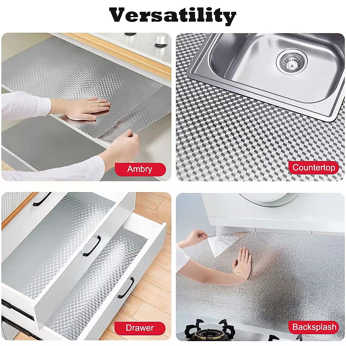 Kitchen Waterproof Oil Proof Aluminum Foil Sticker, Silver Chequer Peel and Stick Wallpaper Removable and Self Adhesive Paper for Kitchen Countertops Desk Cabinet (15.7"x118", Silver Chequer)