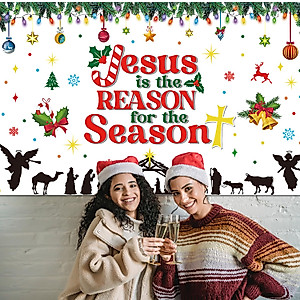 JKQ Jesus is The Reason for The Season Backdrop Banner 73 x 43 Inch Large Christmas Holiday Nativity Scenes Birth of Jesus Background Banner Religious Christmas Holy Nativity Party Decorations