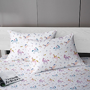 MUSOLEI Unicorn Fitted Sheet Set Full Girls Rainbow Star Sheet Pink Flower Bedding Set 1 Deep Pocket Fitted Sheet with 2 Pillowcases Multi-Colour Girls Kids Teenagers Gift Queen