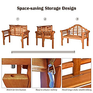 RELAX4LIFE Wooden Garden Bench for Outdoors & Indoor Patio Foldable Bench 4 Ft with Crown-Like Backrest and Curved Armrest Poolside, Porch, Balcony, Garden Eucalyptus Two Person Loveseat Chair