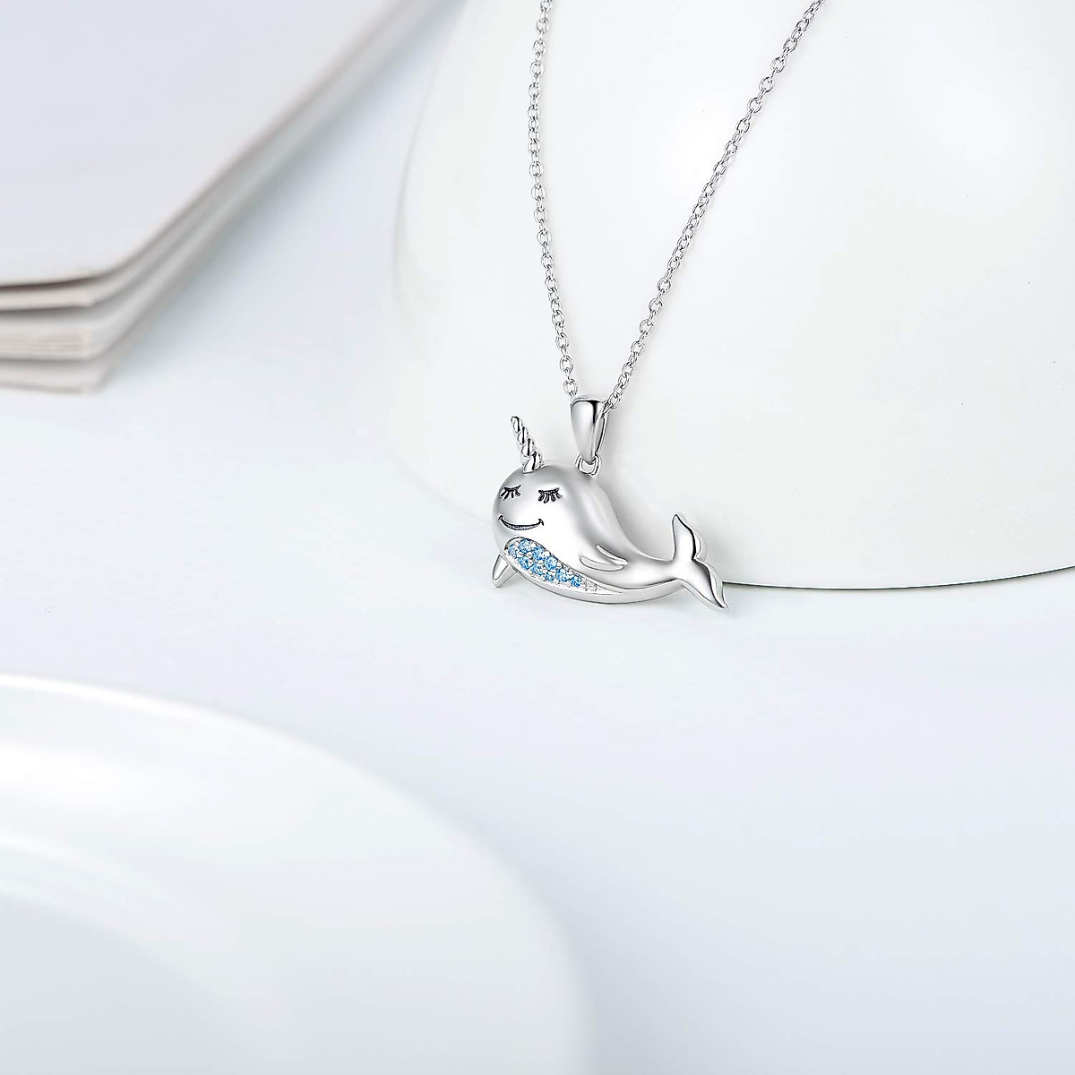 POPKIMI Narwhal Pendant Sterling Silver Necklaces Minimalist Jewelry, Tiny Silver Whale Necklace, Love Gift for Women