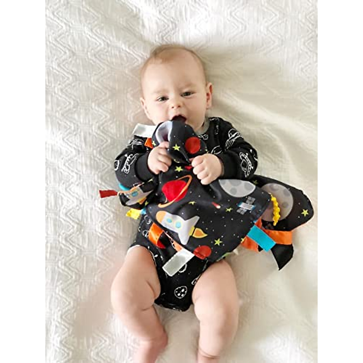 Baby Sensory, Security & Teething Closed Ribbon Tag Lovey Blanket with Minky Dot Fabric: 14X18 (Outer Space)