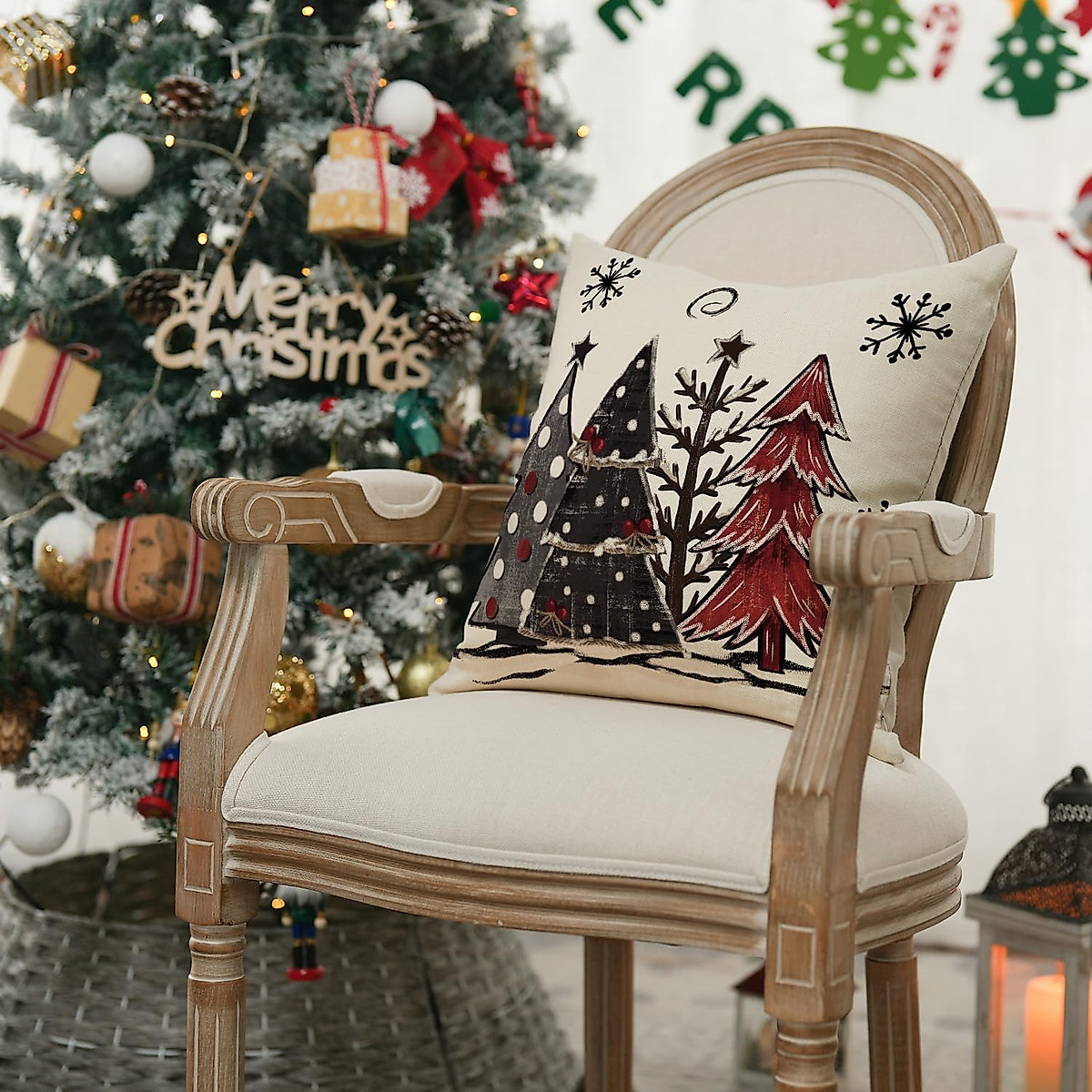 AVOIN colorlife Watercolor Red and Black Buffalo Plaid Christmas Trees Throw Pillow Cover, 18 x 18 Inch Seasonal Winter Holiday Cushion Case Decoration for Sofa Couch