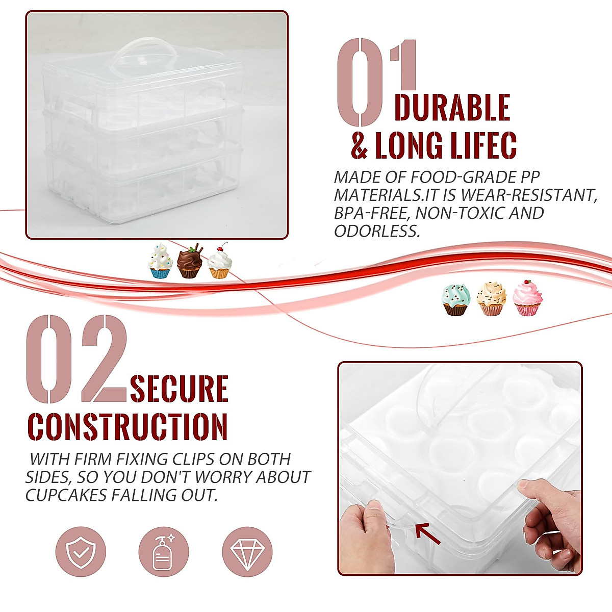 LEPump Cupcake Carrier, 3-Tiers Cupcake Containers, Holds 36 Cupcakes or 3 Large Cakes, Cupcake Holder, Cupcake Box with Lid and Handle (White, Basic)