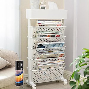 SXHEYUY 6 Tier Book Rack Storage Bookshelf, Movable Unique Bookcase, Large Capacity Utility Organizer Bookshelves for Children Students Study in Bedroom Living Room,White