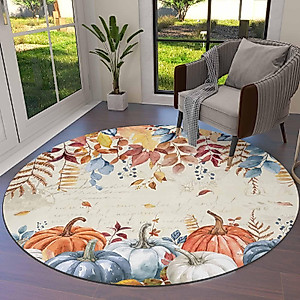 Blue Orange Thanksgiving Fall Round Area Rugs Collection 5', Non Slip Indoor Circular Throw Runner Rug Floor Mat Carpet for Living Room Dining Table Bedroom Nursery Maple Leaf Pumpkins Rustic