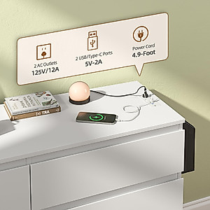 TJYGO White Dresser with Charging Station, Modern Chest 6 Drawers, Clothing Organizer with Wide Storage Space, Storage Cabinet for Living Room, Bedroom, Closet, Hallway