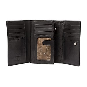 Tony Perotti Womens Italian Cow Leather Trifold Euro Clutch Wallet with ID Window and Coin Pouch in Black