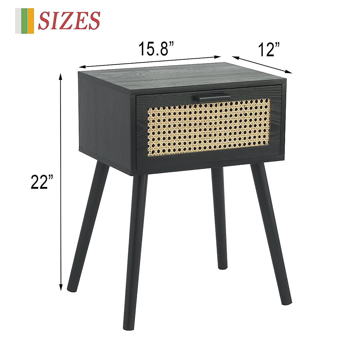 AWASEN Nightstand Mid Century Modern Side Table with Rattan Drawer, End Table with Storage and Solid Wood Legs for Bedroom Living Room Small Space, Easy Assembly (Natural Walnut)