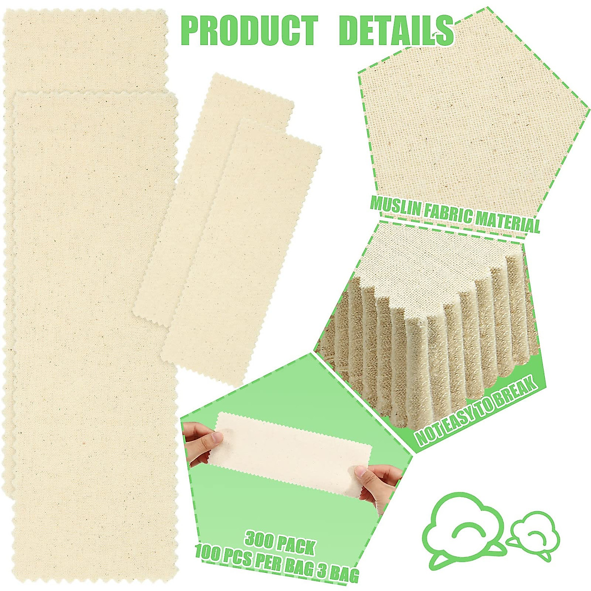 300 Pcs Natural Muslin Epilating Face Wax Strips Hair Removal Eyebrow Precut Waxing Strips Body Facial Cotton Wax Cloth Strip for Women Men (4 x 1.5 Inch, 8 x 2.8 Inch)