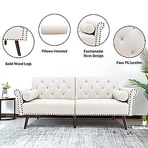 SUN & SUMMER Futon Sofa Bed for Living Room Loveseat Sectional Sofa Convertible Sleeper PU Leather Tufted Couch with 2 Bolster Pillows Beige