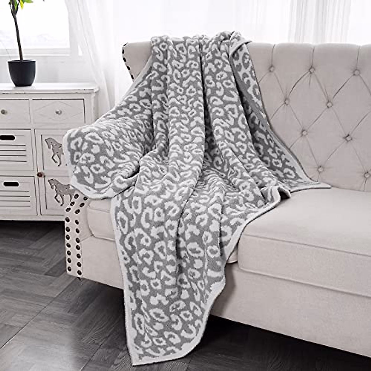 Throw Blanket Soft Fuzzy Fluffy Leopard Knit Throw Blanket, Cozy Plush Fleece Comfy Microfiber Cheetah Blanket for Couch Sofa Bed, Stone/Cream