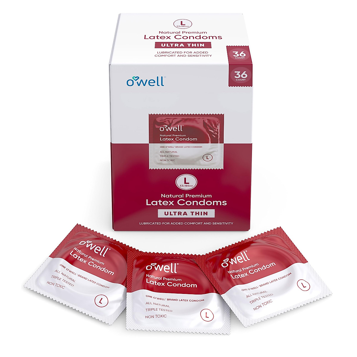 36 Latex, Ultra-Thin Condoms – Triple-Tested Lubricated Condoms with a Silicone Base for Comfortable Birth Control & Pleasure – Natural Latex Condoms for Men (2 x 7.2 in. Flat) by OWELL, Large