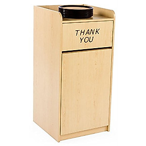 Displays2go Commercial Trash Container for 36 Gallon Bin, Drop Hole and Tray Holder, Thank You Message Engravement, Hinged Door - Maple (LCKDPZTRMP2)