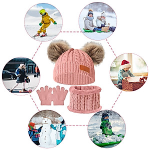 Kids Winter Beanie Hat Scarf Gloves Set, Toddlers Knit Winter Warm Double Pompom Cap Scarf Gloves for 1-5 Years Old (Pink)
