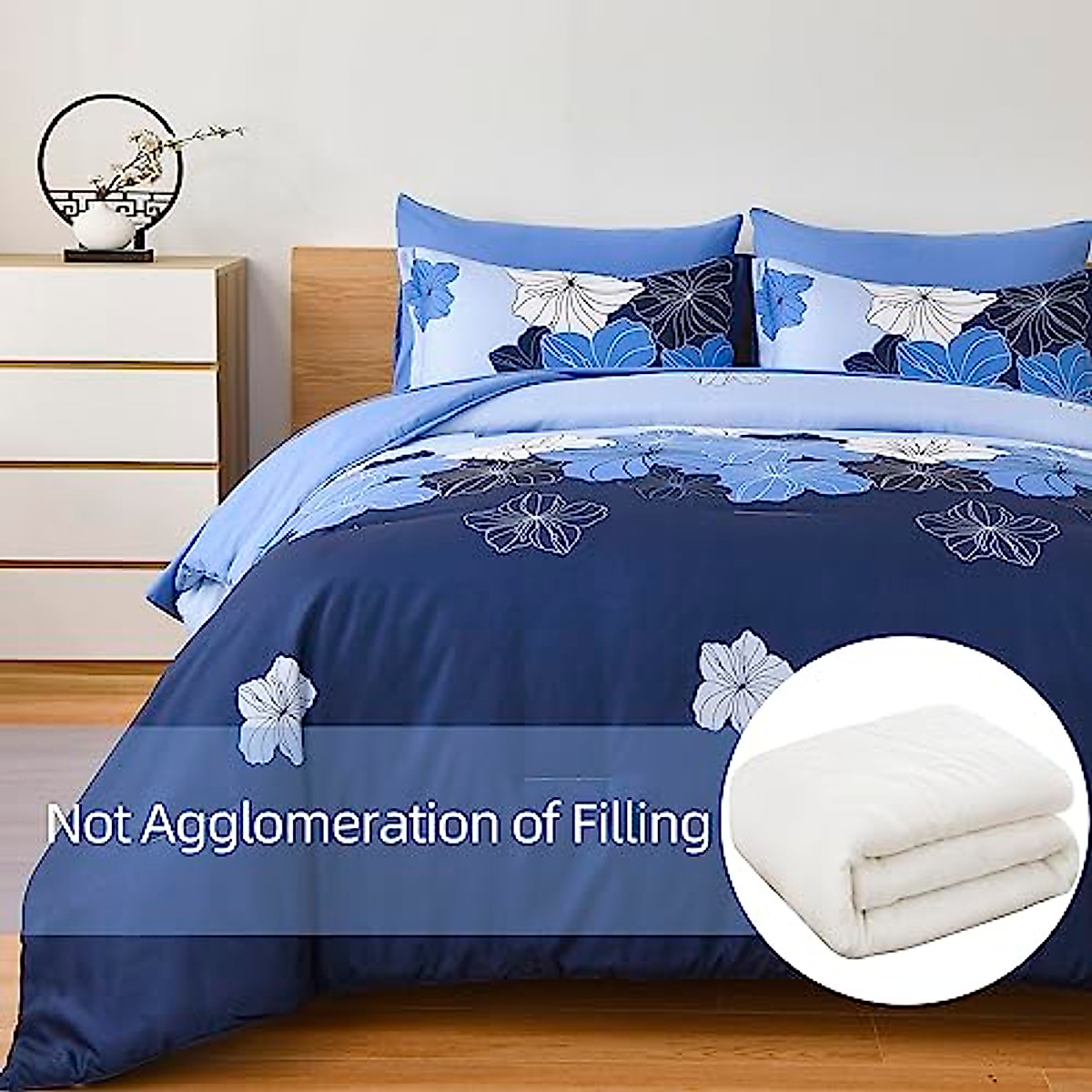 Floral Comforter Set Queen Blue Flower Comforter Set 7 Pieces Bed in a Bag Soft Microfiber Bedding Comforter with Sheets Spring Summer Bed Comforter Set (7pcs,White and Blue Floral Comforter Set)