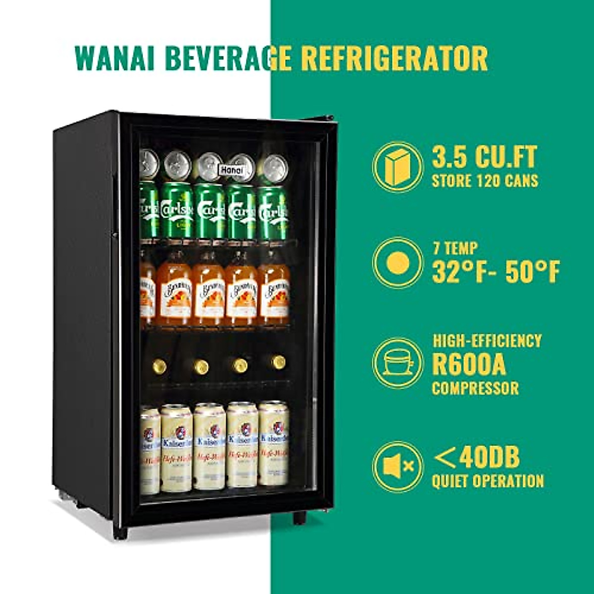 WANAI Beverage Refrigerator 125 Can Mini Fridge Cooler Black Mini Beer Fridge Glass Door for Wine Soda Juice Small Drink Cooler Machine Clear Front Removable for Home Office Bar Freestanding