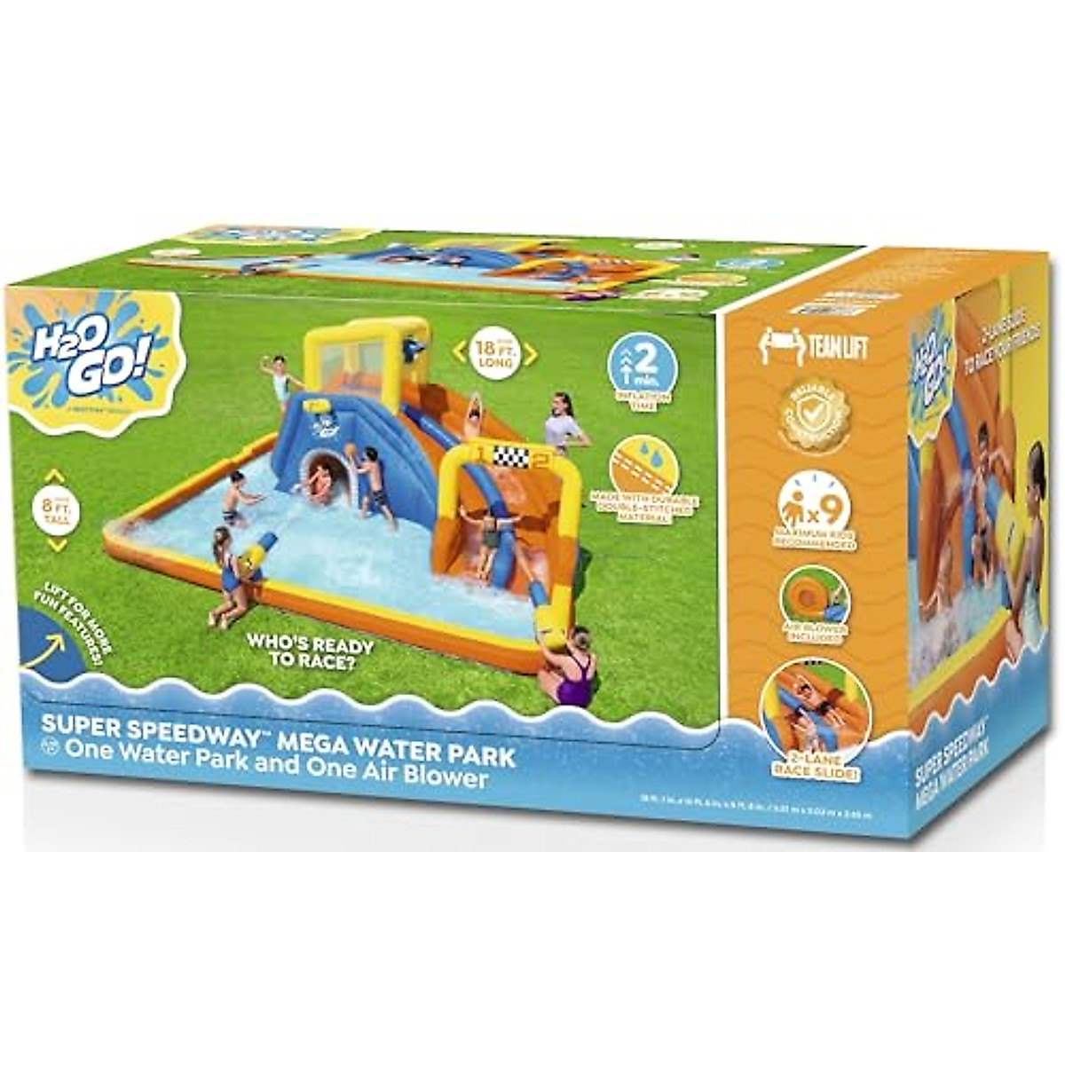 Bestway H2OGO! 18 x 16.5 x 8.7 Foot Super Double Racing Super Speedway Kids Inflatable Water Park with Air Blower, Ground Stakes, and Storage Bag