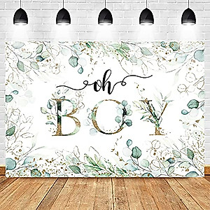 Mocsicka Greenery Boy Baby Shower Backdrop Oh Boy Baby in Bloom Eucalyptus Leaves Baby Shower Party Decorations Botanical Photography Background (7x5ft)