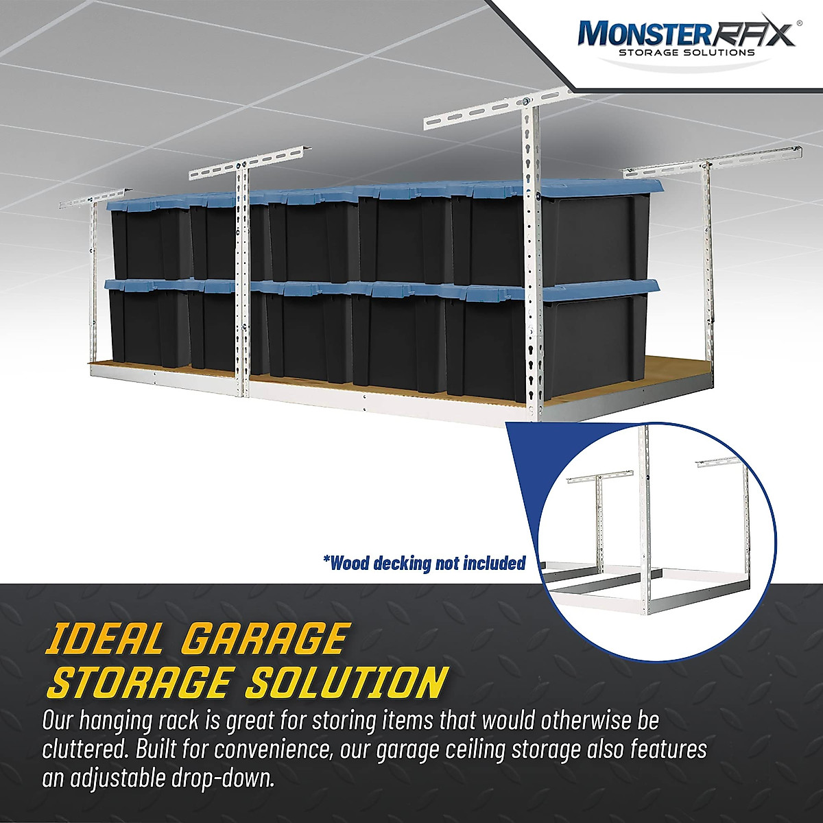 MonsterRax 4x8 Overhead Garage Storage Rack Frame Kit - Hanging Storage Shelves, Garage Ceiling Storage Rack System, Overhead Garage Organizers And Storage, Ceiling Shelving - (White, 18"-33")