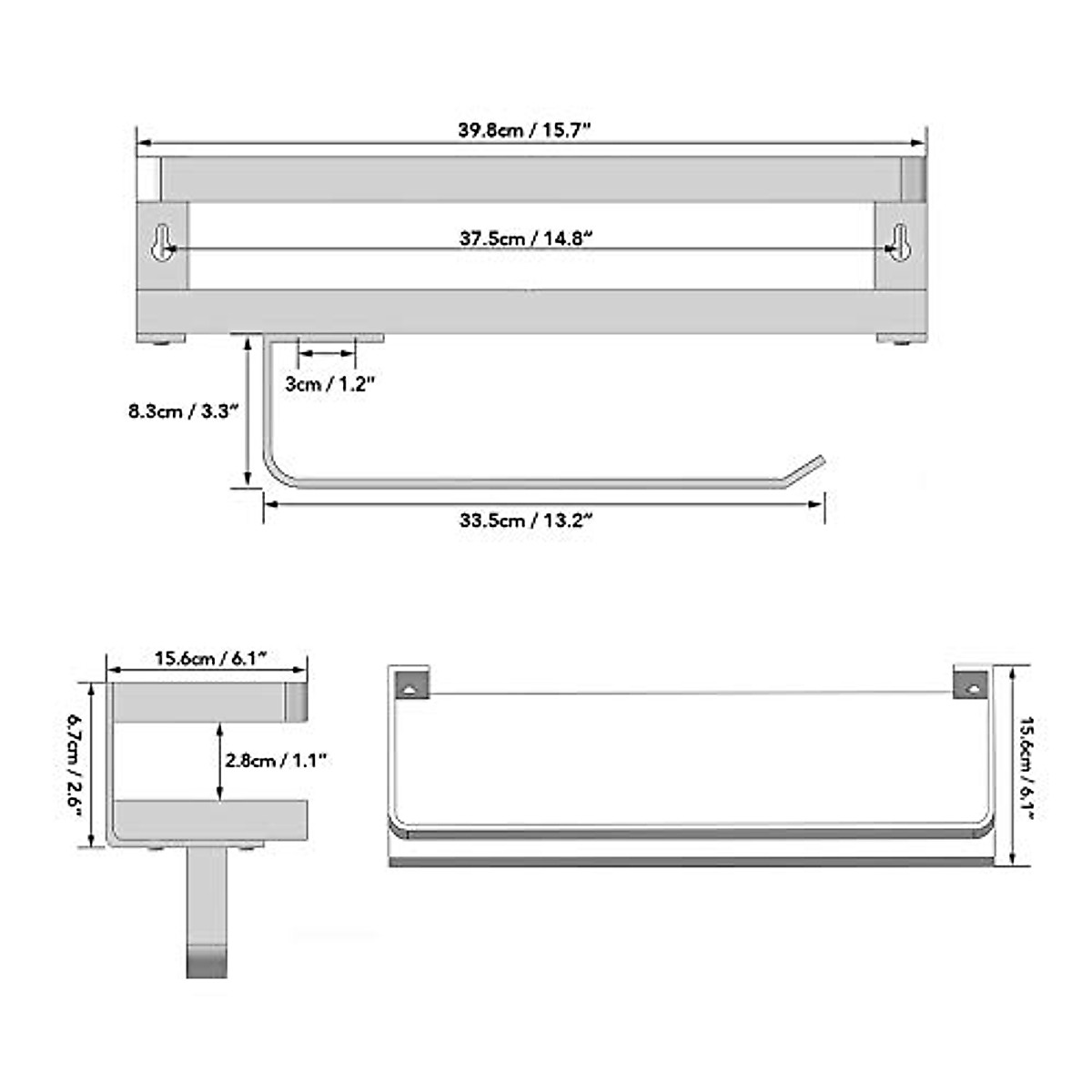 BESy Floating Shelves Wall Mounted Storage Shelves with Towel Rack Rails Bar, Paper Towel Holder with Shelf for Kitchen, Bathroom Tissue Roll Hanger, Matte Black Metal Frame, Set of 2 Brown