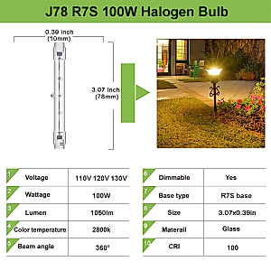 Rnyloas R7S 78MM T3 100W Bulb, 5 Pack Long Lasting R7S Halogen Bulb Dimmable, R7S 100W 120V Bulb with R7S Base 2800K Warm White, R7S Bulb 78MM T3 for Work, Security, Landscape Lights, Floor Lamps