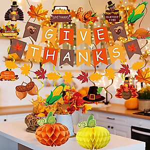 32Pcs Thanksgiving Decorations, GIVE THANKS Banner,Maple Leaf Garland,Autumn Hanging Swirls,Pumpkin Honeycomb Balls for Fall Hanging Party Supplies
