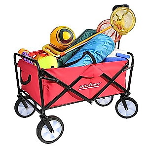 SPEEDFORCE Collapsible Folding Wagon, Utility Beach Wagon Cart, Side Pockets and Adjustable Handlebar, All Terrain Stroller Wagon for Outdoor Activities, Camping, Garden. Red
