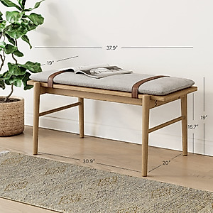 Nathan James Gugan Mid-Century Wooden Bench Seat, End of Bed Bench with Removable Fabric Cushion for Indoor Dining Room, Bedroom and Entryway, Light Brown/Ivory