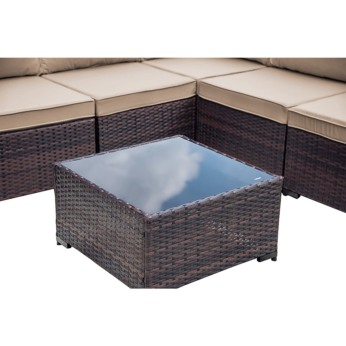 ASJMR Outdoor Patio Furniture Set, 14 Pieces Outdoor Sectional Furniture Patio Sofa, All-Weather PE Rattan Patio Conversation Set with Tempered Glass Top Table & Cushions(Brown).