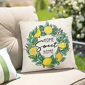 Fjfz Hello Summer Lemon Decorative Throw Pillow Cover 18 x 18 Set of 4, Bicycle Black White Buffalo Plaid Check Stripes Porch Outdoor Home Decor, Home Sweet Home Wreath Farmhouse Couch Cushion Case