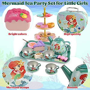 Motiloo 48 Pcs Mermaid Kids Tea Party Set with Carrying Case & Sweet Treats Playset - Pretend Toy Tin Tea Set for Little Girls - Princess Tea Time Pretend Play Tea Set Toys